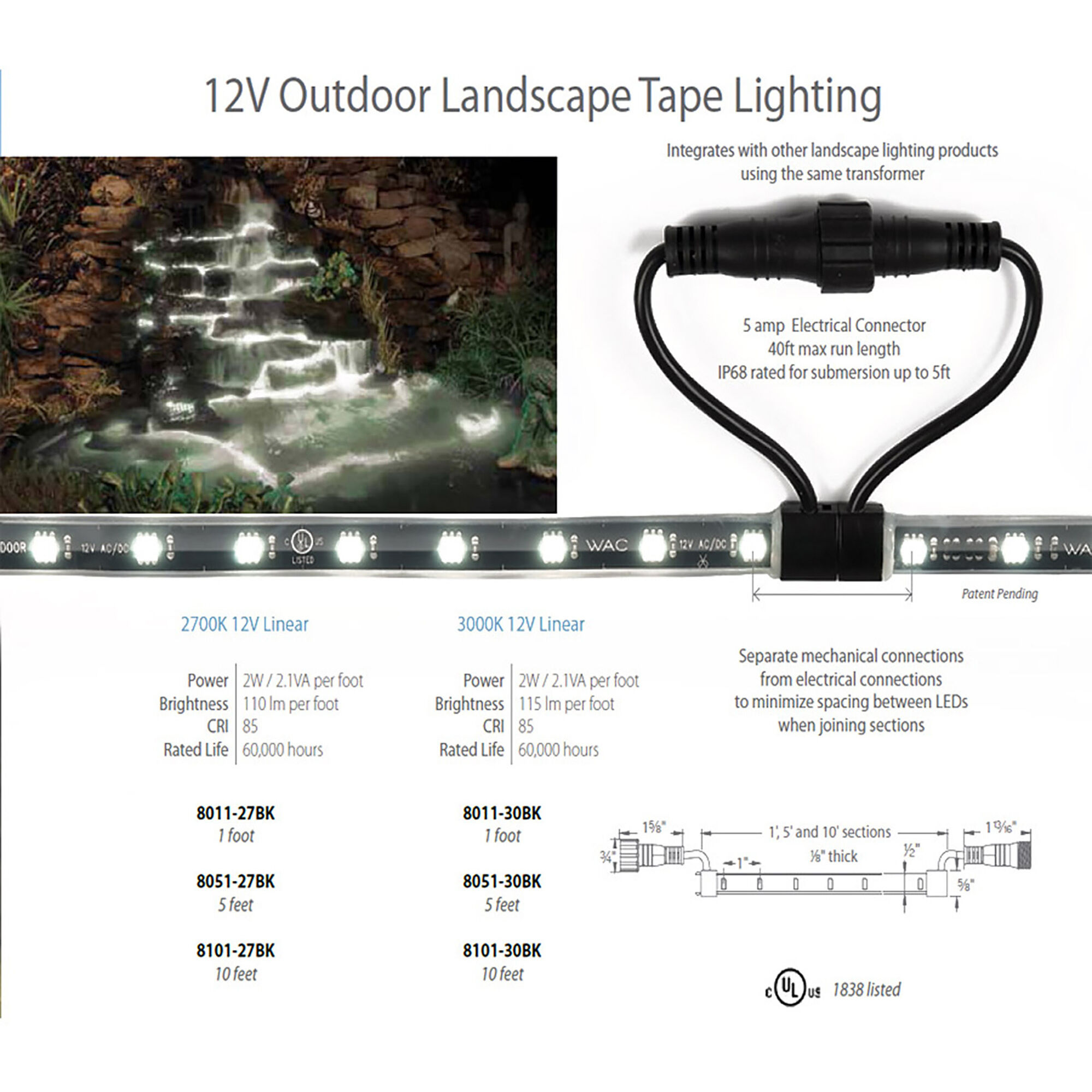 WAC Lighting 8051-30BK Tyler LED 0.75 inch Black Outdoor LED Strip ...